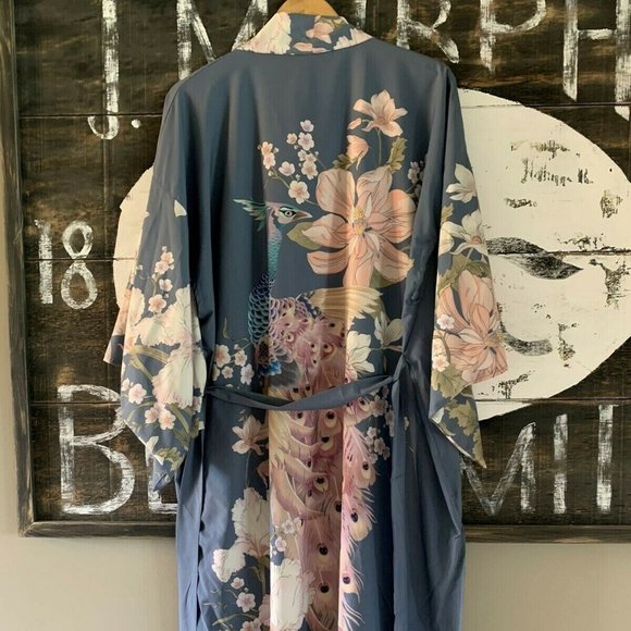 Shop Fig | Tops | New Boho Floral Kimono Blue Maxi Duster Jacket | Poshmark